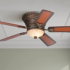 Casa Vieja 52" Ancestry Vintage Antique Indoor Ceiling Fan 5 Blade LED Light Remote Control Golden Bronze Motor Teak Walnut Finish Blades Bedroom Living Room Kitchen Dining Office Hugger Flush Mount