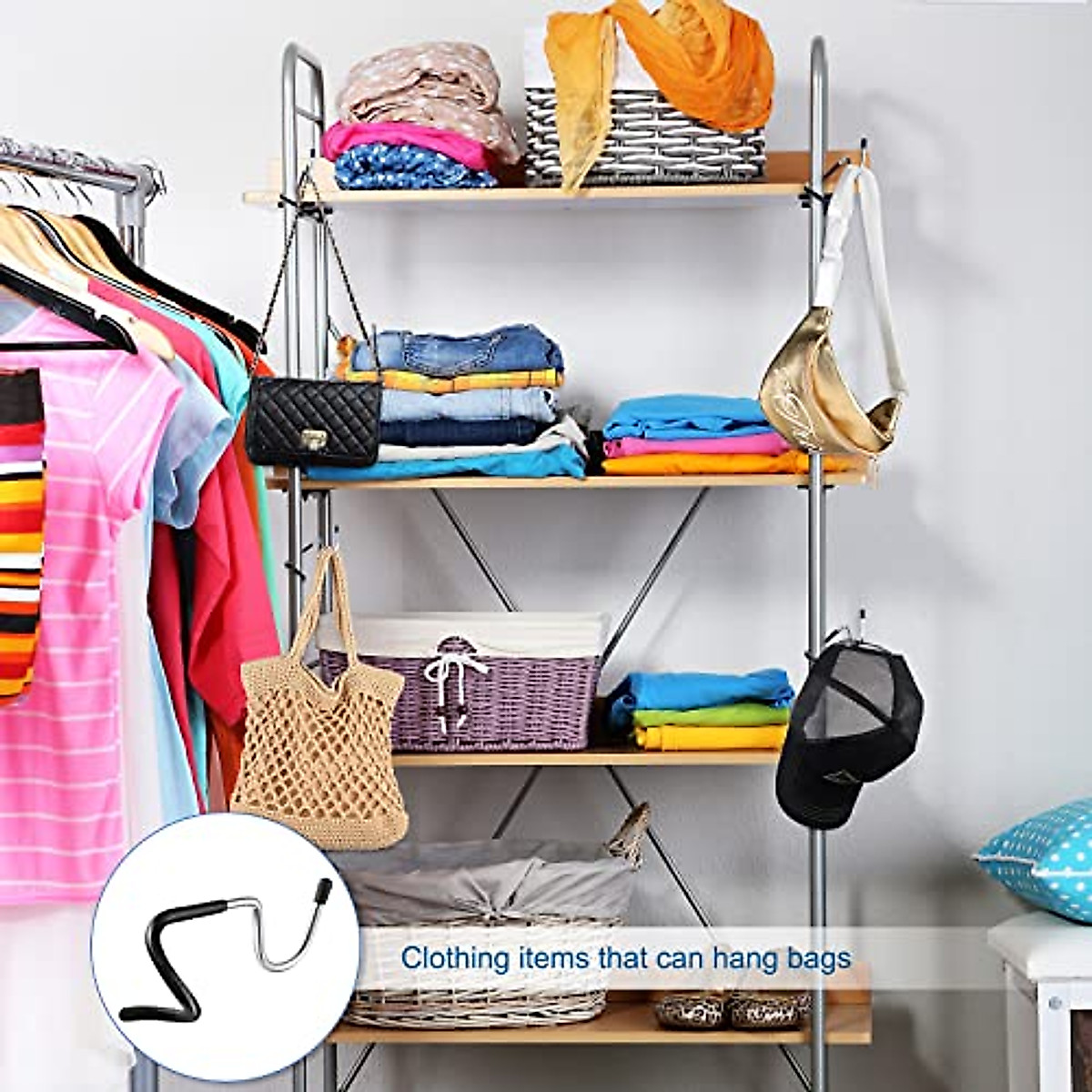 Coume 5 Pcs Shelf Pole Hooks Silver Black Steel Attachment Heavy Duty Wire Shelving Rack Utility Hanger Safety Wrap Hook for Storage Garage Use with Metal or Shelves and Racks