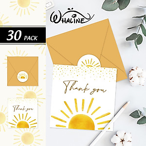 Whaline 30 Pack Mini Baby Shower Thank You Cards with Envelopes Stickers Boho Sun Greeting Cards Sunshine Blank Note Cards for Baby Shower Birthday Wedding Party Supplies, 3.5 x 3.5 Inch