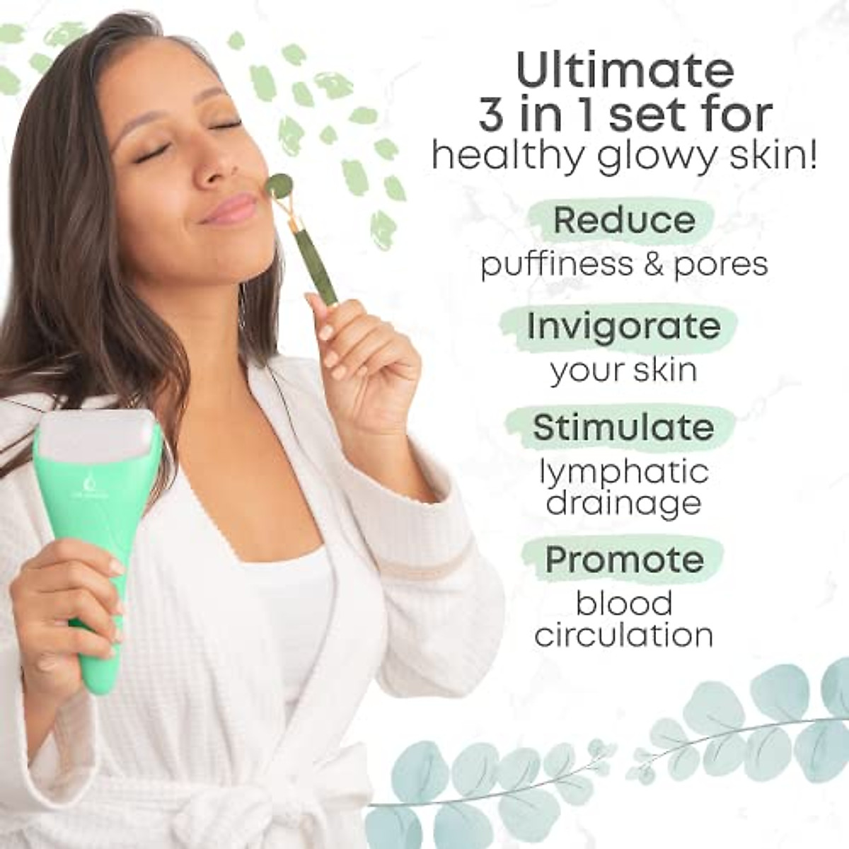PUR Botanicals - Ice Jade Roller for Face & Eye Puffiness Relief - Therapeutic frozen Facial Massager for Beauty - Homemade Cold depuff Face Roller for Women - Reduce wrinkles and lifting - 3 in 1 Set