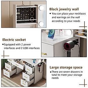 FURNJOYLIFE White Makeup Vanity Desk with Lighted Mirror & Power Outlet,3 Color Modes, Brightness Adjustable,Vanity Table with Drawer,Sliding 2 Storage Wall-Mounted Jewelry,4 Shelves for Bedroom