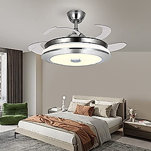 MoreChange 36" Retractable Ceiling Fans with Lights and Music Speaker,Modern Bluetooth LED Chandelier Fans For Dining Room wih Remote Control 3 Speeds 3 Color Changes Lighting Fixtures for Living