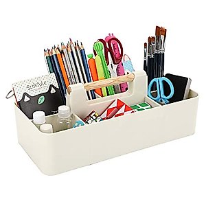 BTSKY Stackable Plastic Portable Storage Organizer Utility Caddy Tote,Divided Craft Storage Organizer Basket Bin with Wooden Handle for Craft, Sewing, Art Supplies, Office Supplies Beige White