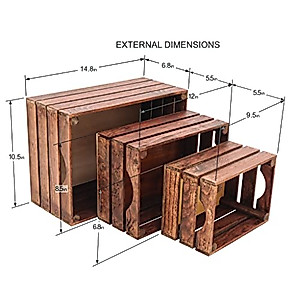 Rustic Wood Crates for vintage decorative display, Nesting Crate set for storage and farmhouse style decor, wooden boxes made from 100% Wood (Dark Brown, Nested Set of 3)