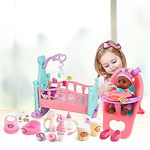 deAO Black Baby Doll Set with Crib American Baby Doll Set Mobile High Chair Stroller Feeding Accessories 21 Pieces Play Set (Baby Doll Included)