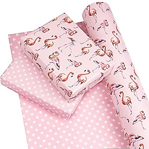 WRAPAHOLIC Reversible Wrapping Paper - Mini Roll - 17 Inch X 33 Feet - Flamingo and Polka Dot Design for Birthday, Holiday, Wedding, Baby Shower