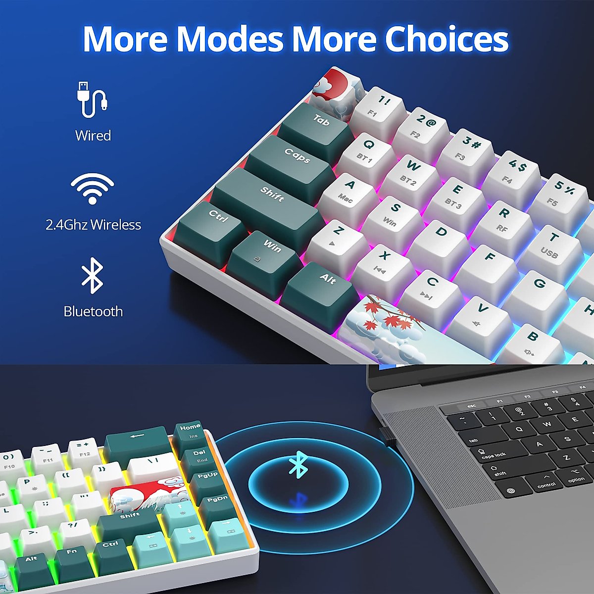Fogruaden Hot Swappable 60% Wireless Mechanical Gaming Keyboard 60 Percent, 2.4G/USB-C/Bluetooth Keyboard, RGB Backlit, 68 Keys NKRO Compact Mini Keyboard for Win/Mac(Gateron Yellow Switch, Forest)