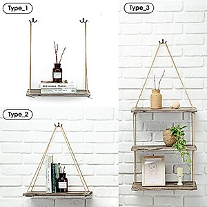J JACKCUBE DESIGN Rustic Wood Hanging Shelves Set of 3 Farmhouse Bohemian Room Décor Floating Rope Display Shelf Plant Holder for Living Room Bedroom Kitchen Rope Shelves -MK555AAA