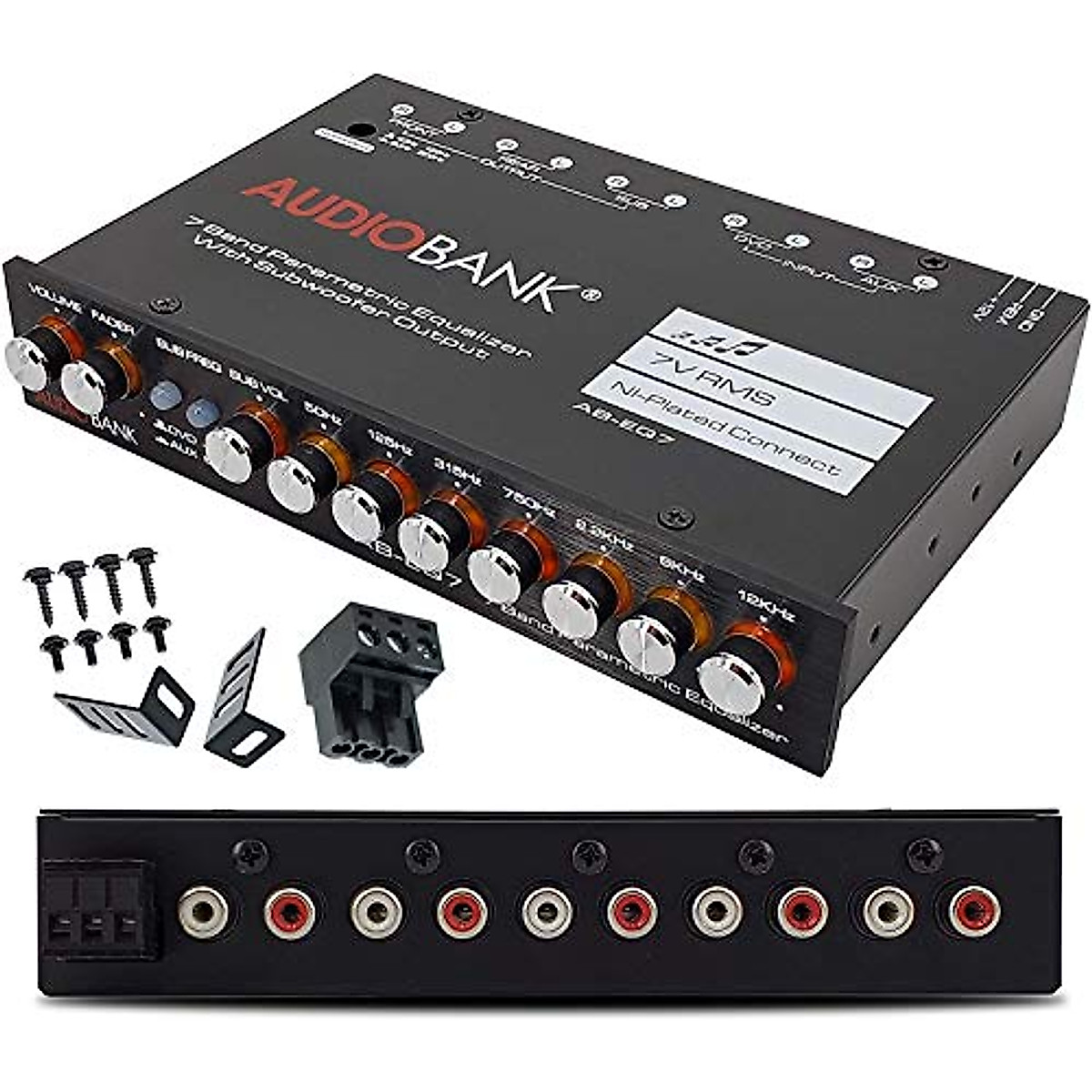 Audiobank EQ7 1/2 Din 7 Band Car Audio Equalizer EQ w/Front, Rear/Frequency Adjustable /3 RCA Input for Portable Devices + Subwoofer Output Built-in 43-120Hz, 60-200Hz
