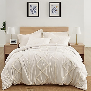 Sweet Jojo Designs Bohemian Boho Chic Ivory Macrame Tufted Geometric 3 pc. Full / Queen Size Bed Bedding Set Duvet Comforter Cover Sham Textured Minimalist Off White Fringe Farmhouse Neutral Rustic