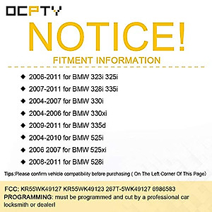 OCPTY 1 X Flip Key Entry Remote Control Key Fob Transmitter Replacement for BMW 325Ci/ 325xi 335is 330Ci 528xi/ 535xi 545i KR55WK49123 3 Buttons 315Mhz