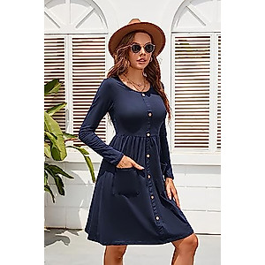 OUGES Womens Fall Long Sleeve Midi Dresses Button Down V Neck Skater Dress with Pockets 2023(Navy,XL)