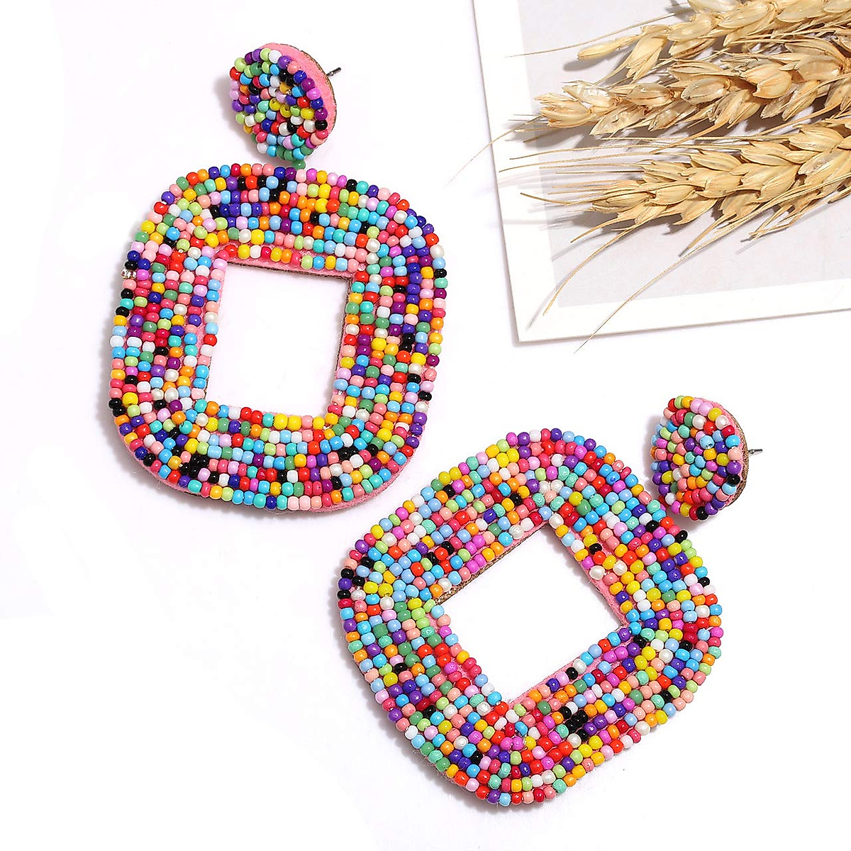 XOCARTIGE Bead Drop Earrings for Women Seed Beaded Dangle Earring Studs (A Multicolored)