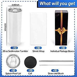 Joyclub 10 Pack Sublimation Tumblers Blank 20 oz Straight Skinny bulk for Heat transfer, Double Wall Insulated Tumbler with Lids, Straw, Rubber Bottoms, Individually Gift Boxed and Shrink Wrap Films