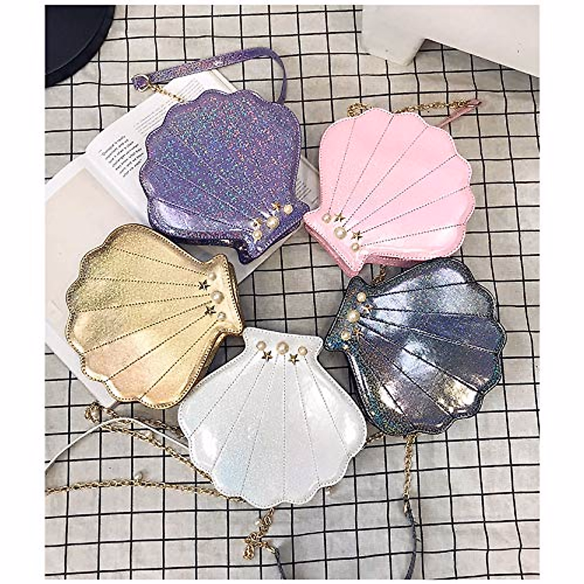 Hologram Laser Shell Shoulder Bags Pearl Cross-body Chain Purse Bags for Womens(Purple)