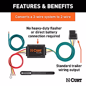 CURT 56130 Non-Powered 3-to-2-Wire Splice-in Trailer Tail Light Converter, 4-Pin Wiring Harness