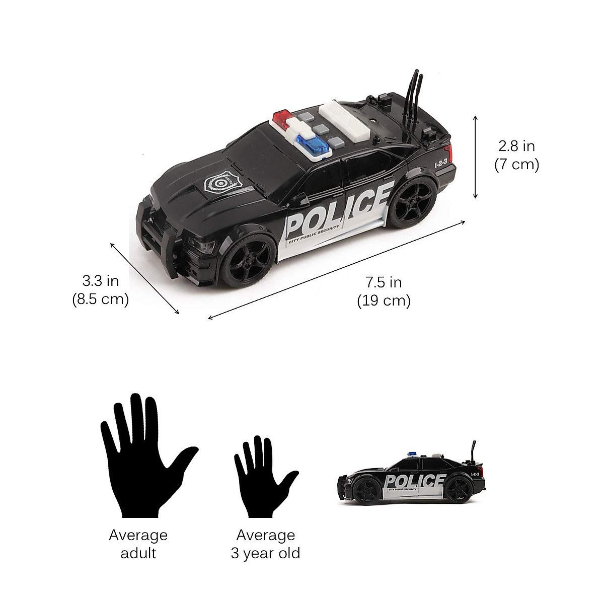 Vokodo Police Car Friction Powered 1:20 Scale with Lights Sirens and Sounds Durable Kids Rescue Emergency City Cop Vehicle Push and Go Pursuit SWAT Toy Pretend Play Great Gift for Children Boys Girls