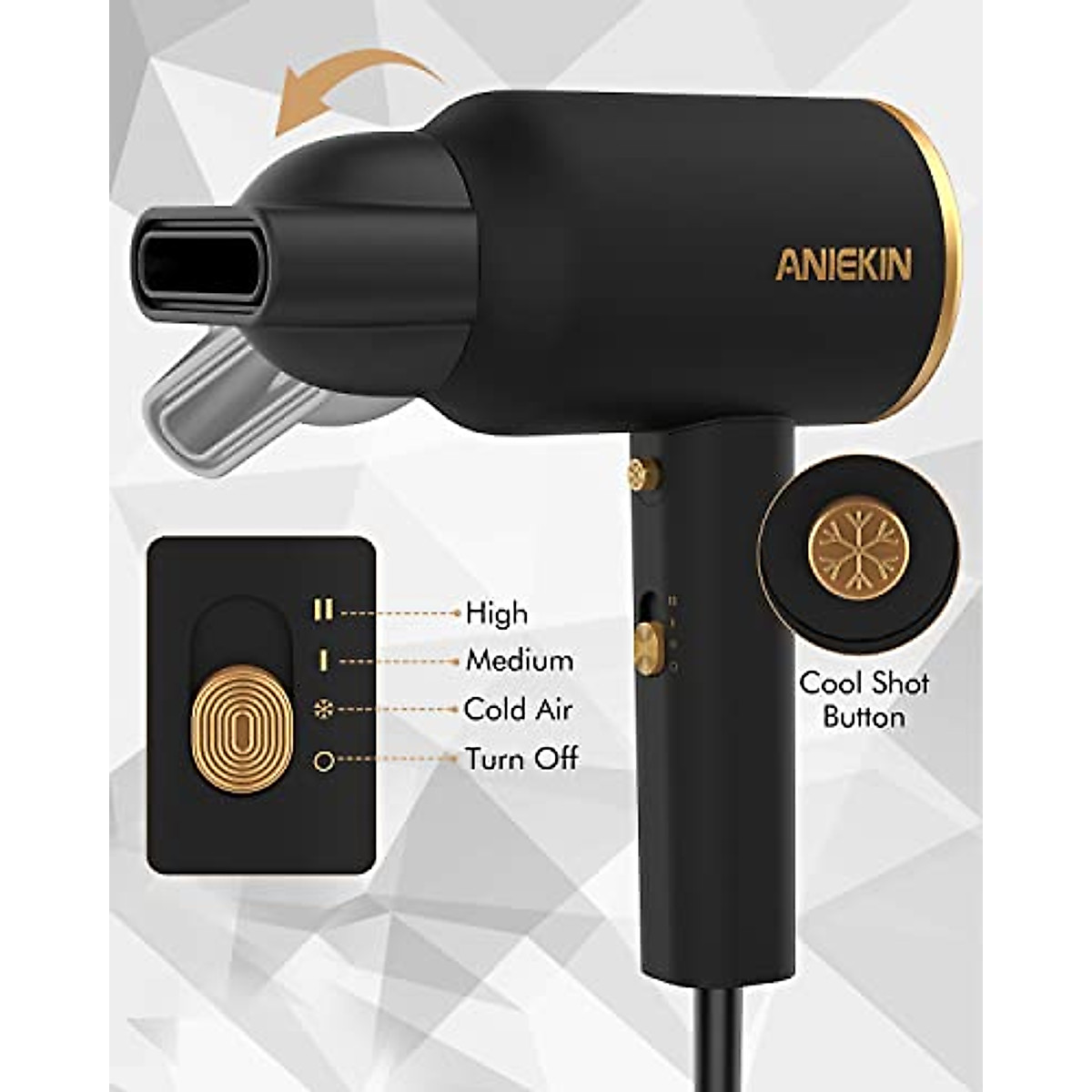 ANIEKIN Hair Blow Dryer 1875W with Diffuser, Travel Ionic Hair Dryer, Constant Temperature Hair Care Without Damaging Hair, Black