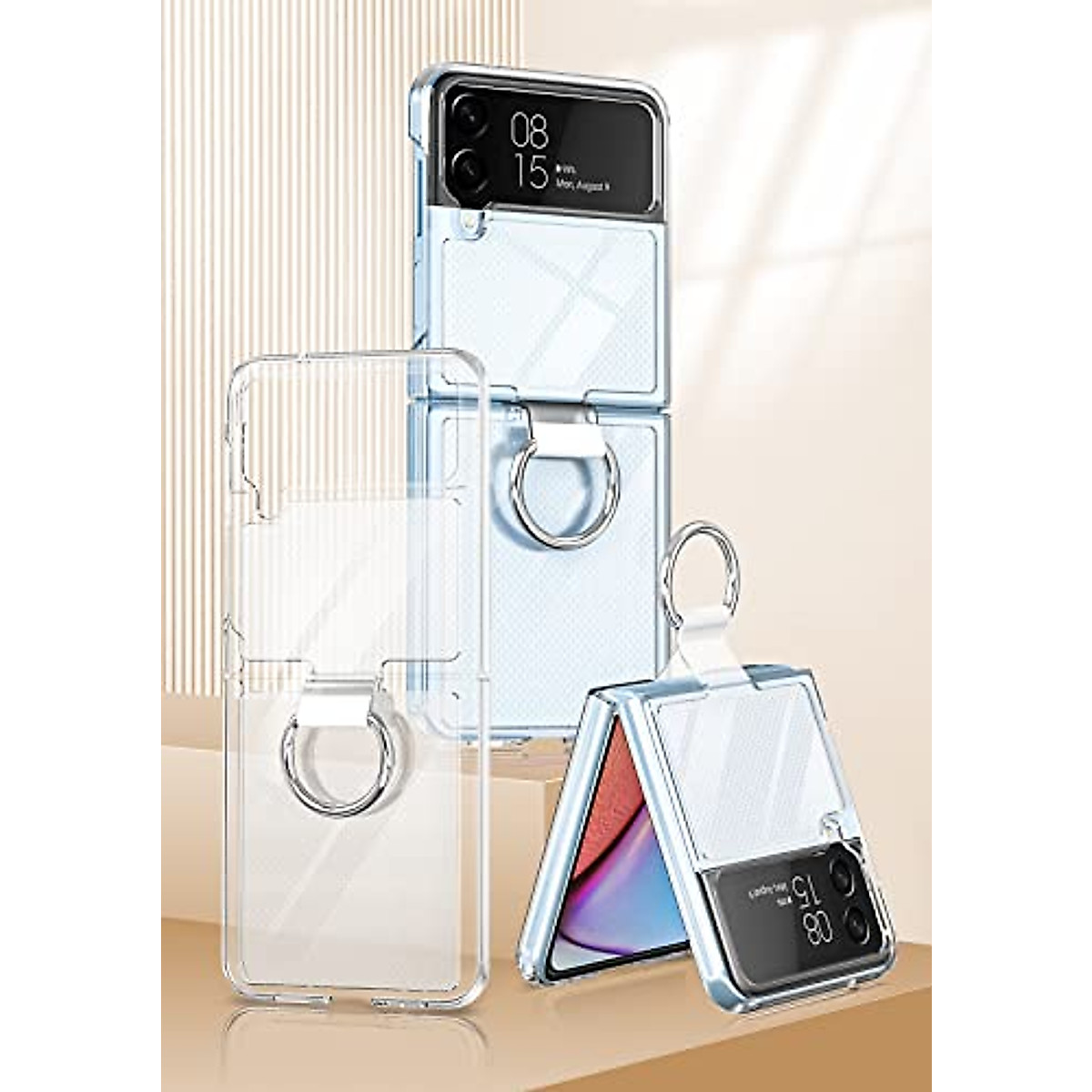 MAKAVO for Samsung Galaxy Z Flip 4 Clear Case with Ring Holder, [Upgraded] Slim Thin Crystal Hard PC Shockproof Protective Phone Cover for Flip4 5G 2022