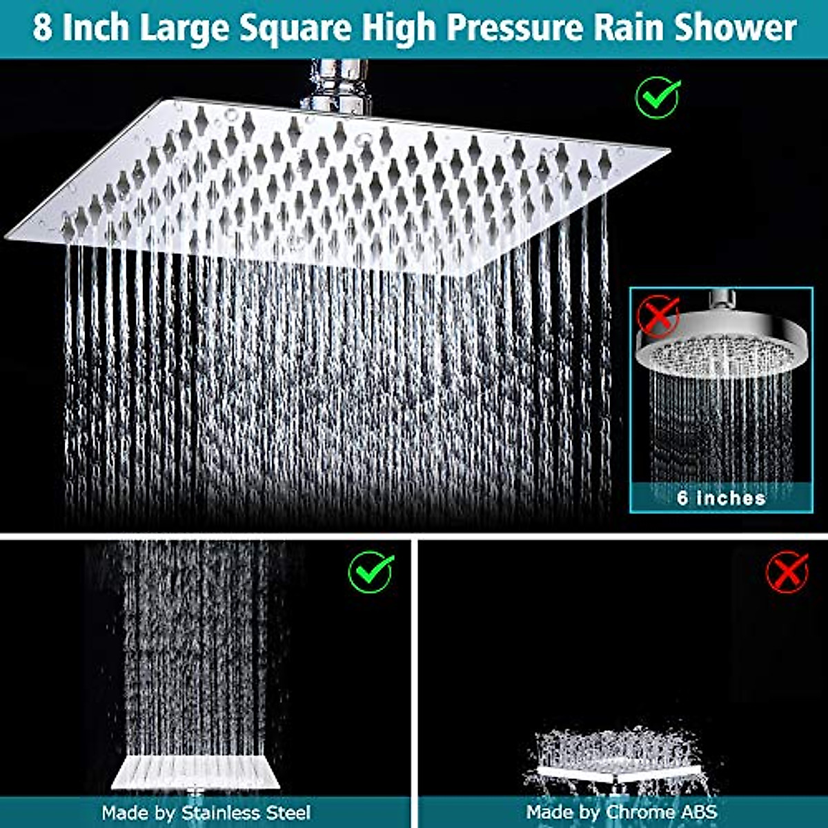 8'' High Pressure Rainfall Shower Head/Handheld Shower Combo with 11'' Extension Arm, Height/Angle Adjustable, Stainless Steel Bath Shower Head with Holder, 1.5M Hose, Chrome, 4 Hooks