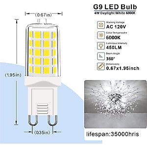 GOHDLAMP G9 LED Bulbs, 40 Watt Equivalent T4 Chandelier Light Bulb, 6000K Daylight White 450 Lumens, Bi-pin G9 Base Non-Dimmable, 4W LED Bulb 360 Degrees Beam Angle 5 Pack