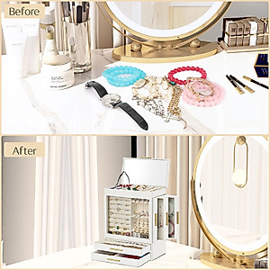 efubaby Jewelry Box for Women Girls, Jewelry Organizer Box with Large Mirror 6-Layer Jewelry Box Organizer Glass Window Storage Case with 3 Side Drawers Jewelry Holder Organizer White Jewelry Box