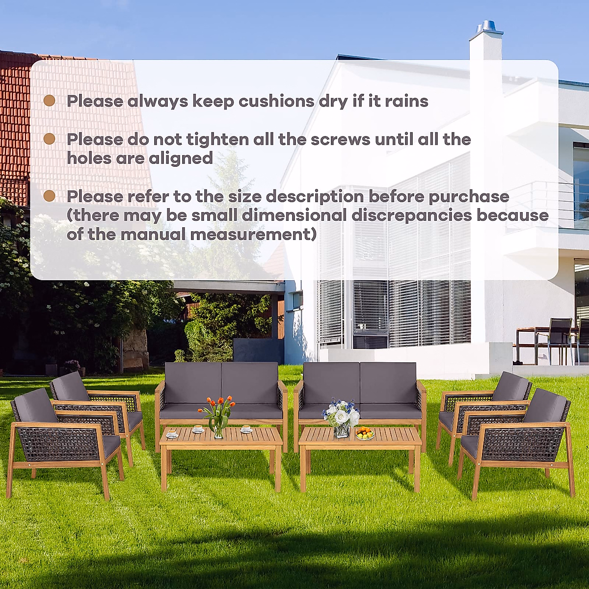 PATIOJOY 4 Pieces Outdoor Acacia Wood Furniture Sofa Set, Outdoor PE Wicker Conversation Set with Coffee Table and Soft Cushions for Garden, Poolside and Backyard (1, Grey)