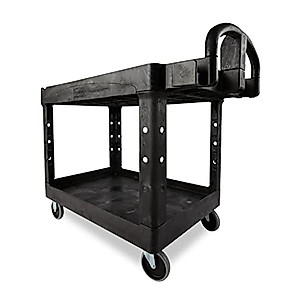 Rubbermaid Commercial Products Heavy-Duty 2-Shelf Rolling Utility Cart with Ergonomic Handle, Lipped Shelves, Large, Black Perfect for Office, Classroom or Home Use (FG454600BLA)