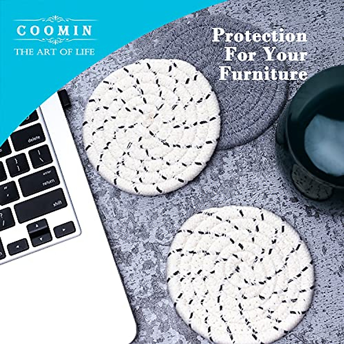 Absorbent Drink Coasters, Handmade Braided Drink Coasters, Super Absorbent Heat-Resistant Coasters for Drinks Great Housewarming Gift, Coasters for Coffee Table (Dark Grey, Light Grey, Beige/Grey, 6)