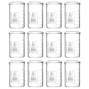 EISCO 12PK Heavy Duty Beakers, 50ml - 5mm Thick, Uniform Walls - Superior Durability & Chemical Resistance - White Graduations - Borosilicate 3.3 Glass