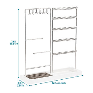 Vtopmart Jewelry Holder Organizer Stand Tree for Earring Necklace Ring Bracelets Display and Storage, with 90 Holes, 12 Hooks, Silver+White