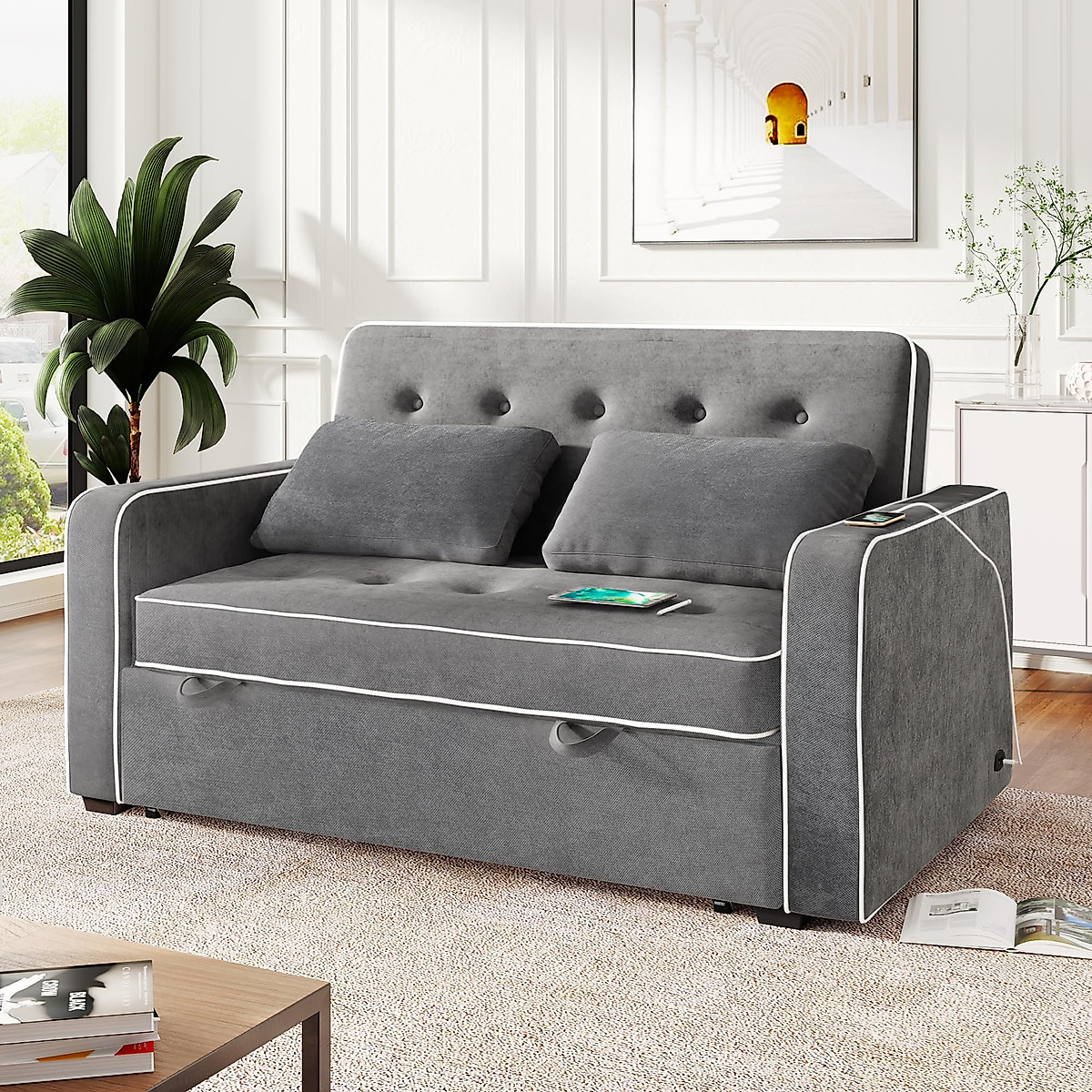 P PURLOVE Upholstered Modern Sofa Bed with Armrest, Convertible Sofa Couch with Adjustable Backrest and Dual USB Charging Port, Sleeper Bed for Living Room, Bedroom, Office, Charcoal Gray