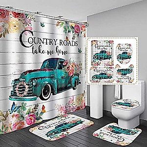 Dia Magico 4PCS Vintage Teal Farm Truck Shower Curtain Set, Pink Peony Floral Eucalyptus Leaves Butterfly Pickup Truck Rustic Farmhouse Bathroom Decor, Non-Slip Bath Mat, Country Roads Take Me Home
