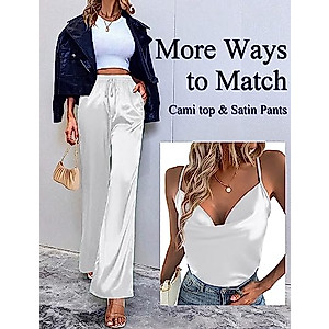 Ekouaer Satin Pjs for Women Set Comfy Cami Lounge Set Cowl Neck Silk Top Wide Leg Long Pants Set Summer Outfits White,Small