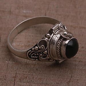 NOVICA Artisan Handmade Onyx Locket Ring 925 Sterling Silver from Bali Black Cocktail Indonesia Birthstone [crownbezel 0.5 in H x 0.4 in W x 0.3 in D Band Width 3 mm W] ' Gerhana Shrine'