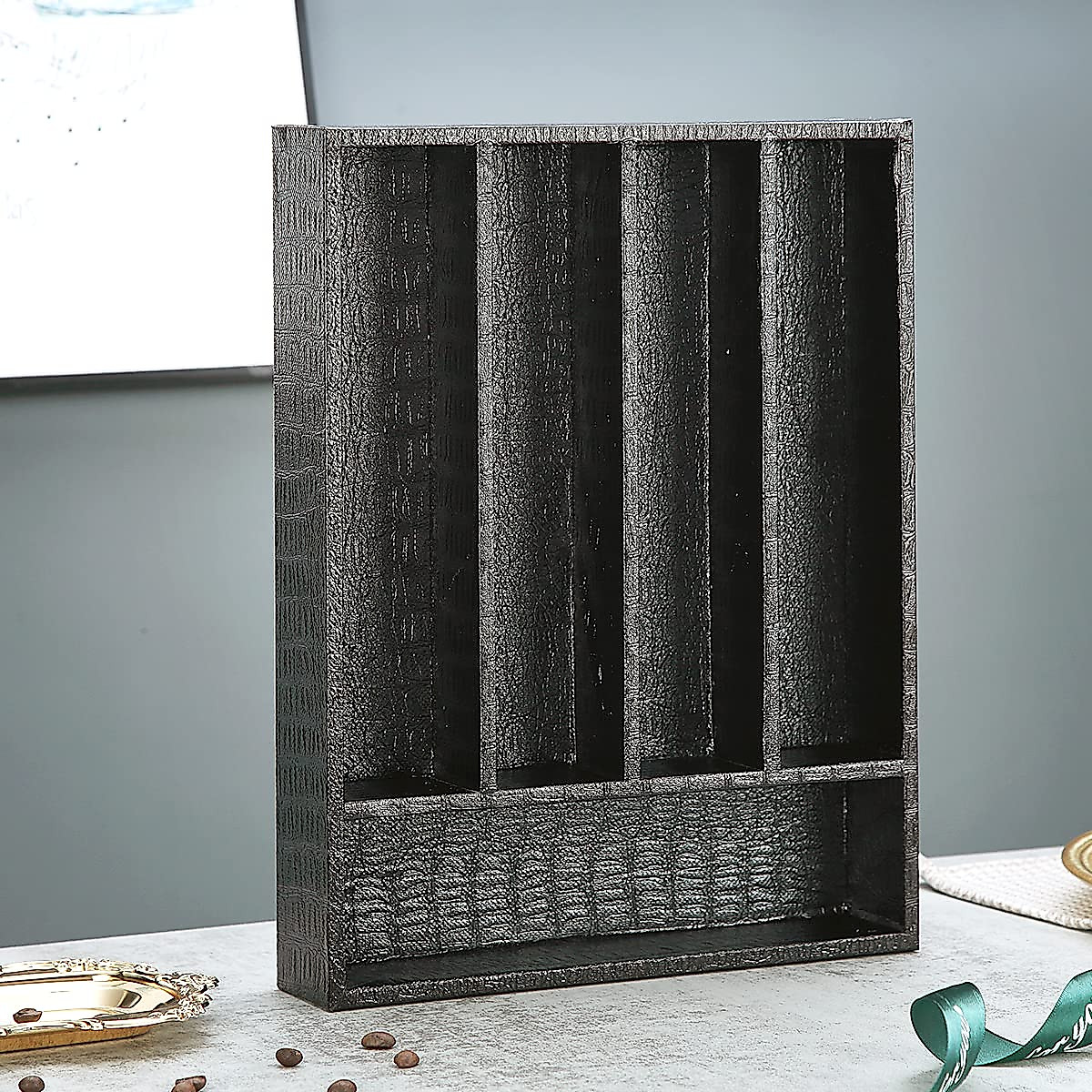 Kyraton Black Leather Wood Kitchen Flatware Drawer Organizers, Silverware Drawer Organiser and Cutlery Tray, Utensil Tray Drawer Organizer, Cutlery Flatware Organizer With Drawers