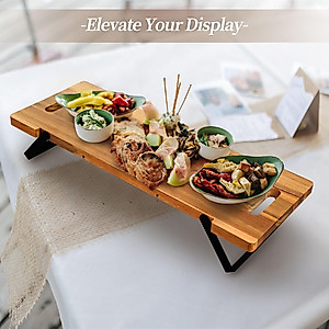 Hanobe Charcuterie Cheese Board Large: Long Acacia Serving Wooden Riser with Handles Folding Appetizer Boards Raised Wood Plank for Parties Buffet Food Display and Farmhouse Counter Decor