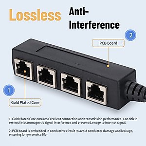 Zhiyavex RJ45 Splitter Adapter,1 to 4 Port Smooth Transmission Excellent Connection Network Cable Adapter,PCB Board Ethernet Adapter for All Networks, Homes and Offices, Broadband Connections, black