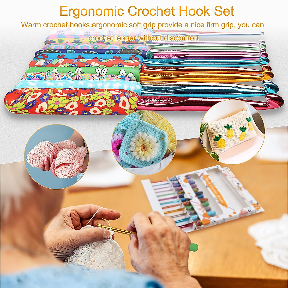 Coopay 12PCS Warm Crochet Hooks Plus & 8PCS Blue Porcelain Pattern Ergonomic Handle Crochet Needles, Crochet Kit Crochet Hook Set Ergonomic Soft Grip Crochet Needles Ideal Knitting Crochet Supplies