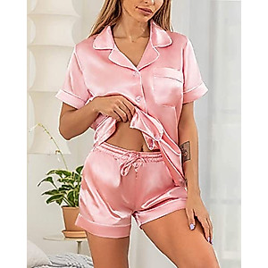 YIMANIE Womens Silk Satin Pajama Sets Two-piece Short Sleeve Shirt and Shorts Button Down Pj Set Loungewear Pink