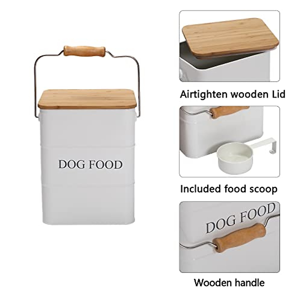 Brabtod Dog Food storage container Dog Treats Jar, Metal food treats tin for Dog, pet snacks Canisters with wooden lid/handle/sevice scoop,hold 5-6 lbs