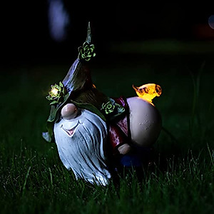 SJZ Garden Gnome Statue with Solar LED Lights , Resin Gnome Figurine Carrying Glowing Bird , Outdoor Decorations for Patio,Lawn ,Yard Art Decoration , Housewarming Garden Gift