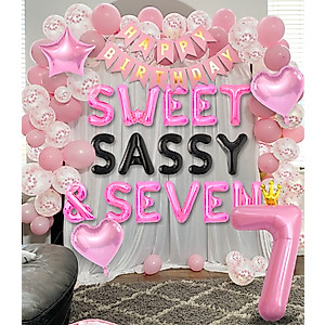 42 PCS Sweet Sassy & Seven Birthday Decoration Sweet Seven Birthday Balloons 7 Years Old Birthday Decoration Girls 7th Birthday Decoration