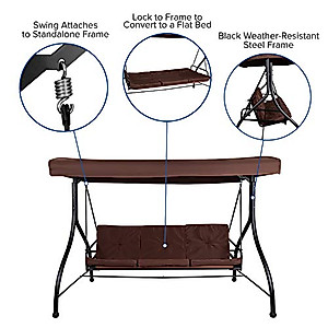 Flash Furniture Tellis 3-Seat Outdoor Steel Converting Patio Swing Canopy Hammock with Cushions / Outdoor Swing Bed (Brown)