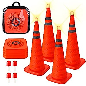 Cartman 4 Pack 28 Inch Collapsible Traffic Cones with LED Light, Multi Purpose Pop up Reflective Safety Cones, Pack of 4, Battery Included