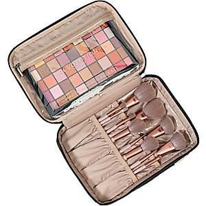 NISHEL Large Double Layer Travel Makeup Bag Women, Large Cosmetic Case, Organizer for Travel-Size Accessories Bottles, Brushes, Conditioner, and Skin Care Products, Black