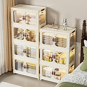 UFORU 3 Tier 84QT/21Gal Stackable Plastic Storage Cabinet Bins with Lids and Wheels, Collapsible Storage Cabinet, Storage Organizer, Folding Storage Box with Doors for Home, Office, Closets