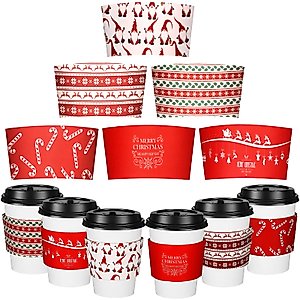 60 Pieces Christmas Coffee Cup Sleeves Red Double Layer Paper Sleeves Fits 12 and 16 oz Disposable Santa Cup Jacket for Christmas Hot Chocolate, Coffee, Cocoa, Tea or Cold Beverage, 6 Designs
