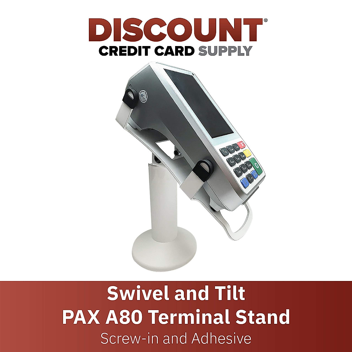 Discount Credit Card Supply Pax A80 7" Swivel and Tilt Terminal Stand, Screw-in and Adhesive, White