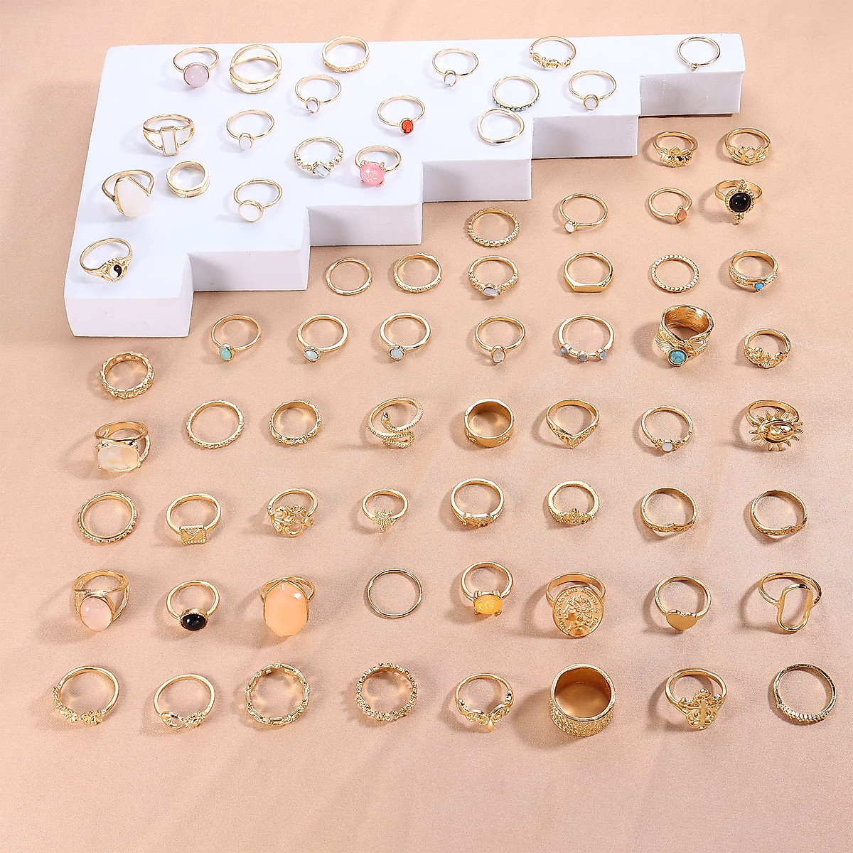 Subiceto 70 Pcs Vintage Crystal Ring Set Silver Knuckle Rings for Women Bohemian Stackable Joint Rings Retro Boho Stacking Joint Finger Rings Pack Gold